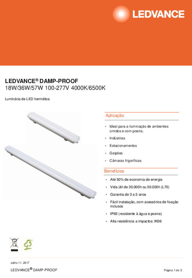 Ficha de produto LEDVANCE DAMP-PROOF 18W 36W 57W - Voltimum BR