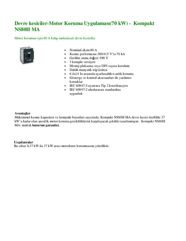 Motor Koruma Uygulaması-70 kW - Compact NS80H MA - Voltimum TR